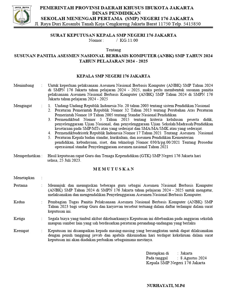 Susunan Panitia ANBK SMPN 176 2024 | PDF