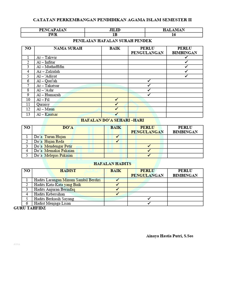 Contoh Rapor Tahfidz TK IT | PDF