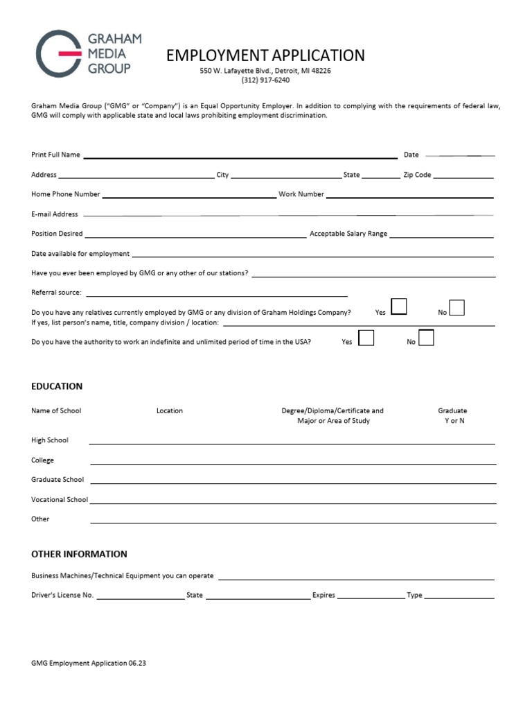 GMG Employment Application | PDF | At Will Employment | Employment