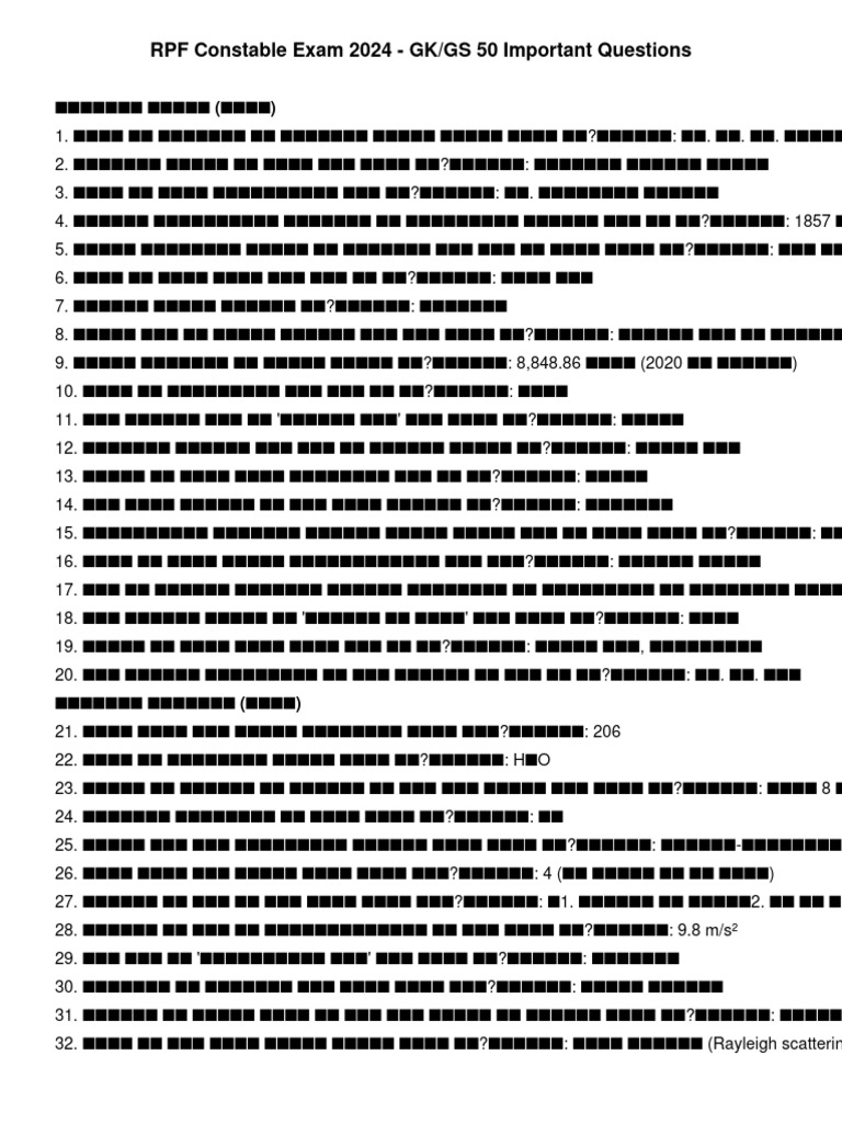 RPF Constable 2024 GK GS 50 Questions | PDF