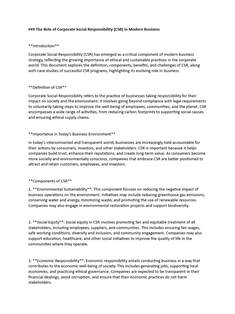 The Role of Corporate Social Responsibility (CSR) in Modern Business | PDF | Corporate Social ...