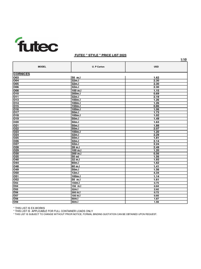Futec 2023 Price List for Cornices | PDF | Components | Architectural ...