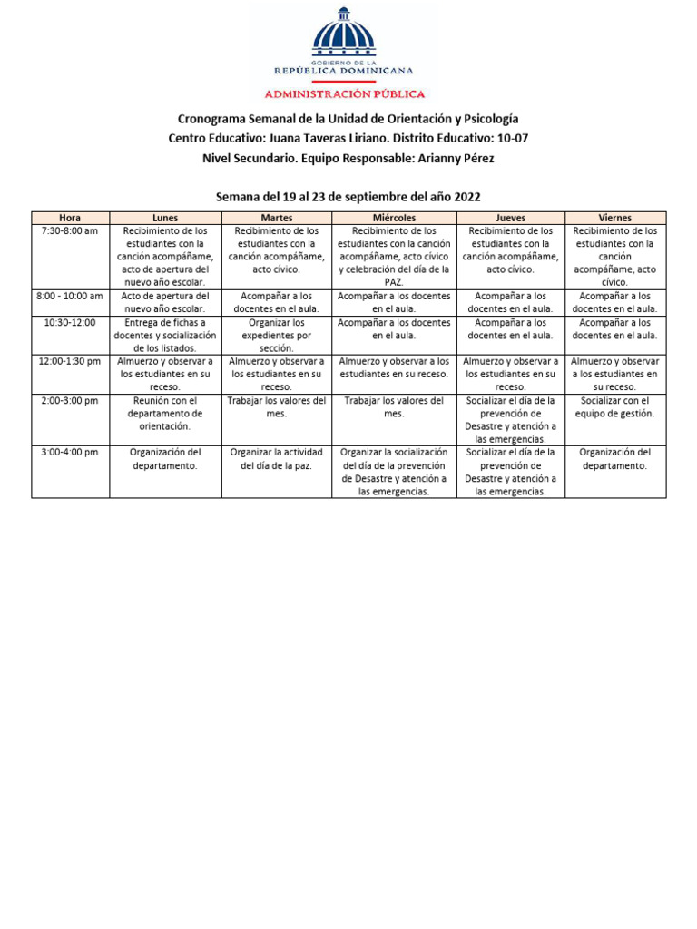 Cronograma Semanal de la Unidad de Orientación y Psicologí1 | PDF