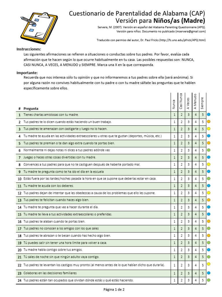 CAP - Cuestionario de Parentalidad de Alabama - Niños-As - Versión Impresa | PDF