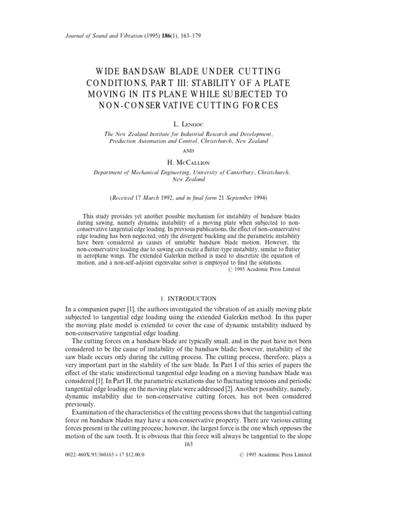 Wide Bandsaw Blade Under Cutting Conditions - Part III - Stability of A Plate Moving in Its ...