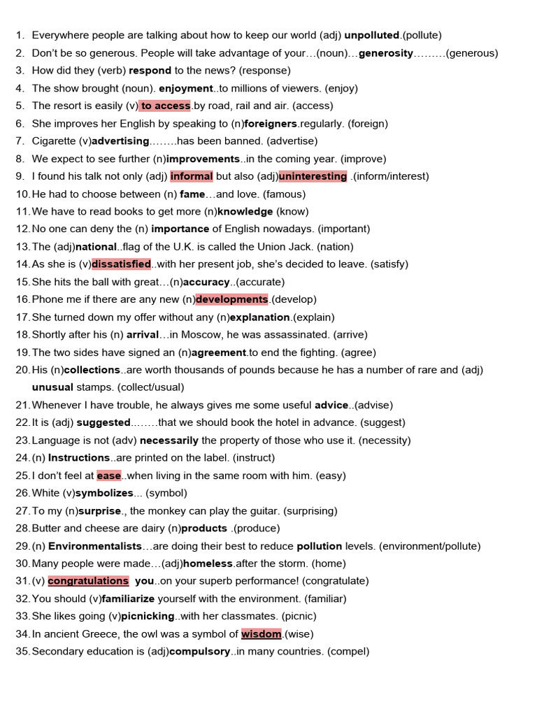 Word Form 1 (Basic) | PDF | Fluency