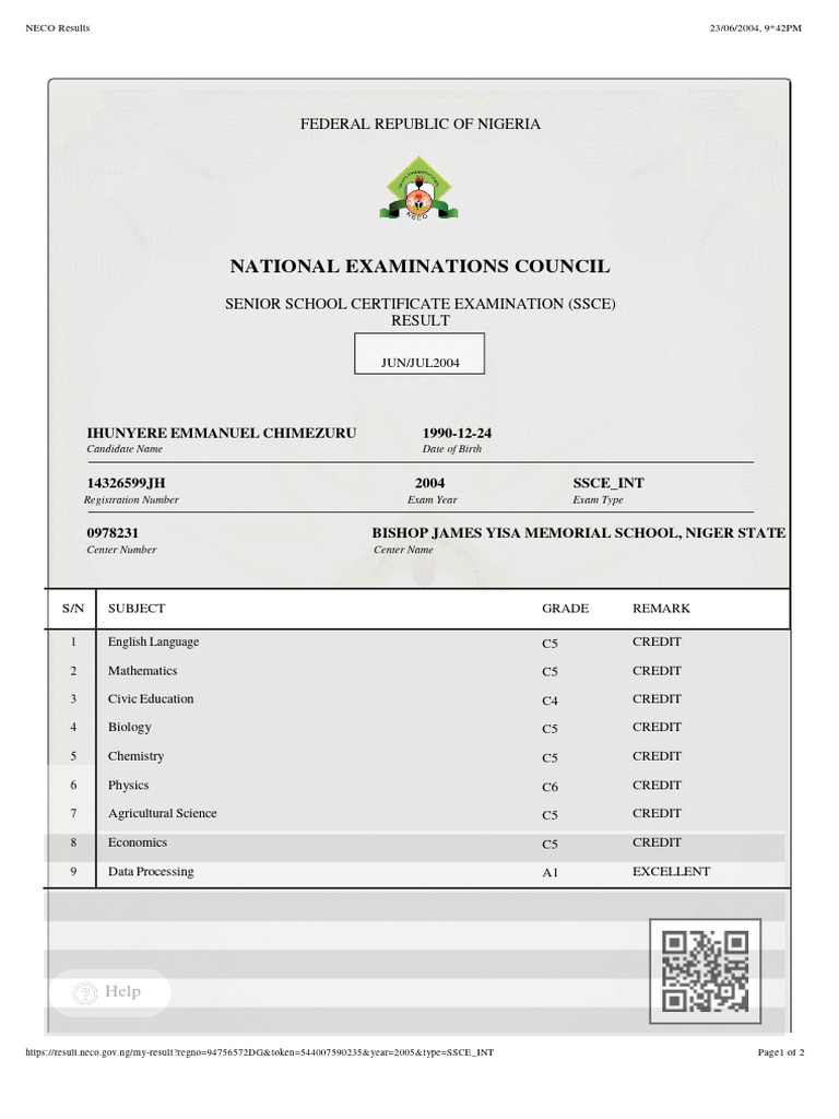 Ihunyere Emmanuel Secondary School Neco Cert | PDF | Educational Assessment And Evaluation ...