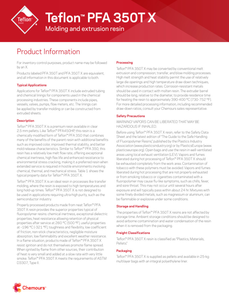 Teflon PFA350T X - Product Sheet - 102620 | PDF | Extrusion | Materials Science