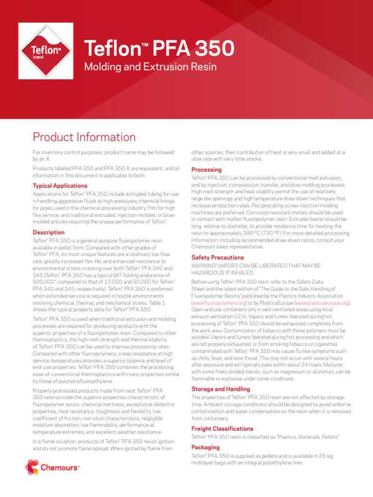 Teflon Pfa 350 Product Info | PDF | Extrusion | Applied And ...
