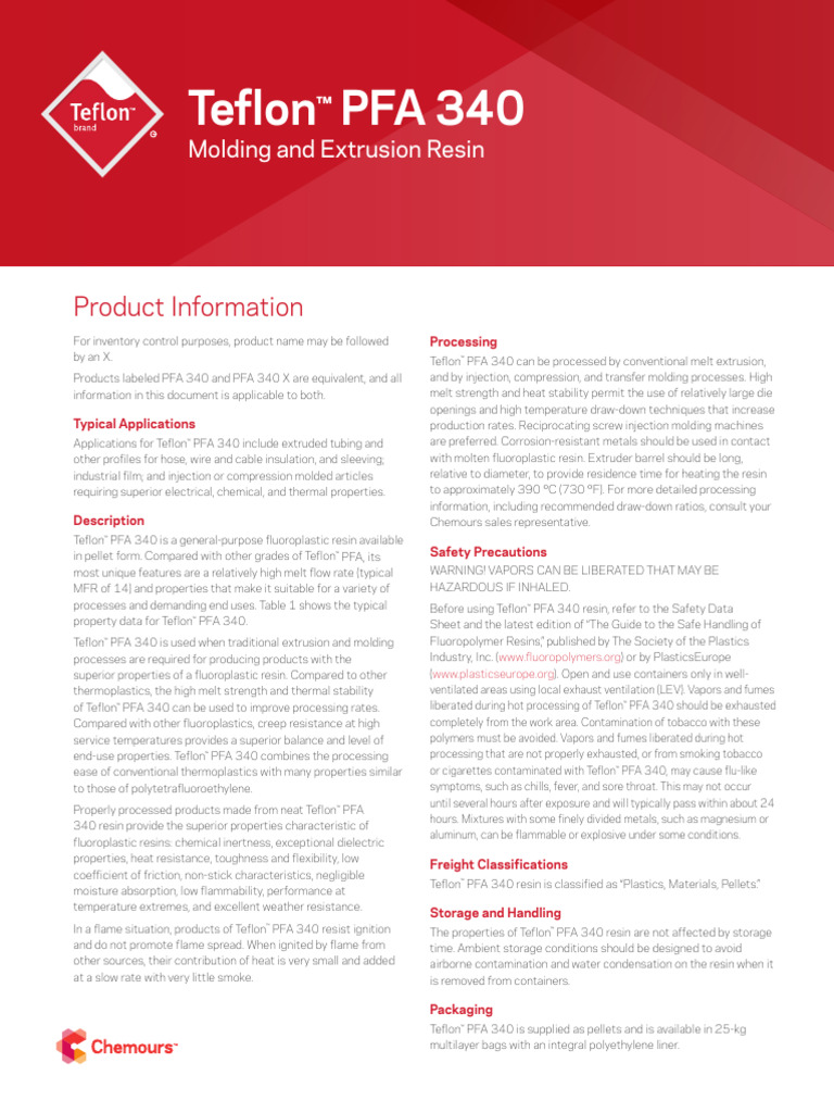Teflon Pfa 340 Product Info | PDF | Extrusion | Thermoplastic