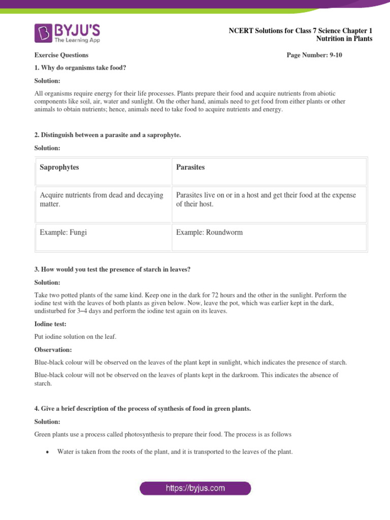 NCERT Solutions For Class 7 March 31 Science Chapter 1 Nutrition in ...
