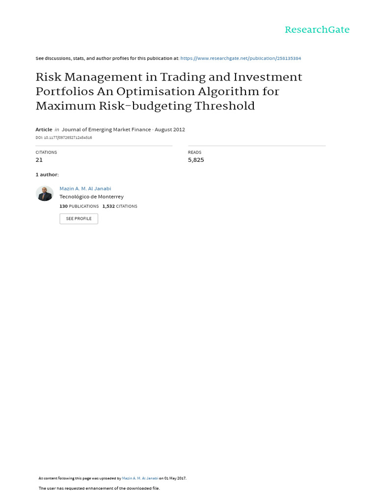 RiskManagementTradingInvestment JEMF Final | Download Free PDF | Value At Risk | Financial Risk