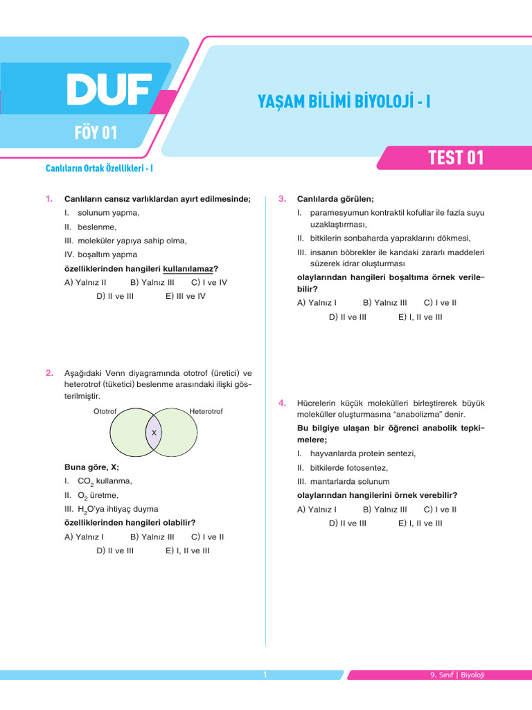 Sınıf - Bi̇yoloji̇ - Duf 1 - Ornek | PDF