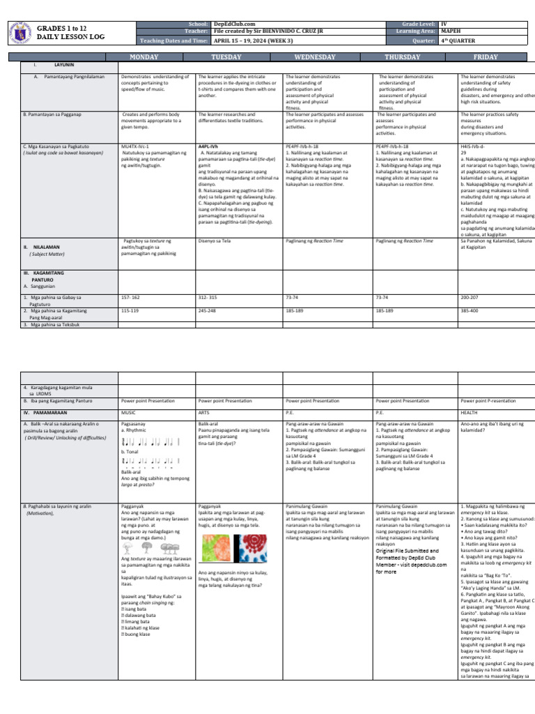 DLL - Mapeh 4 - Q4 - W3 | PDF