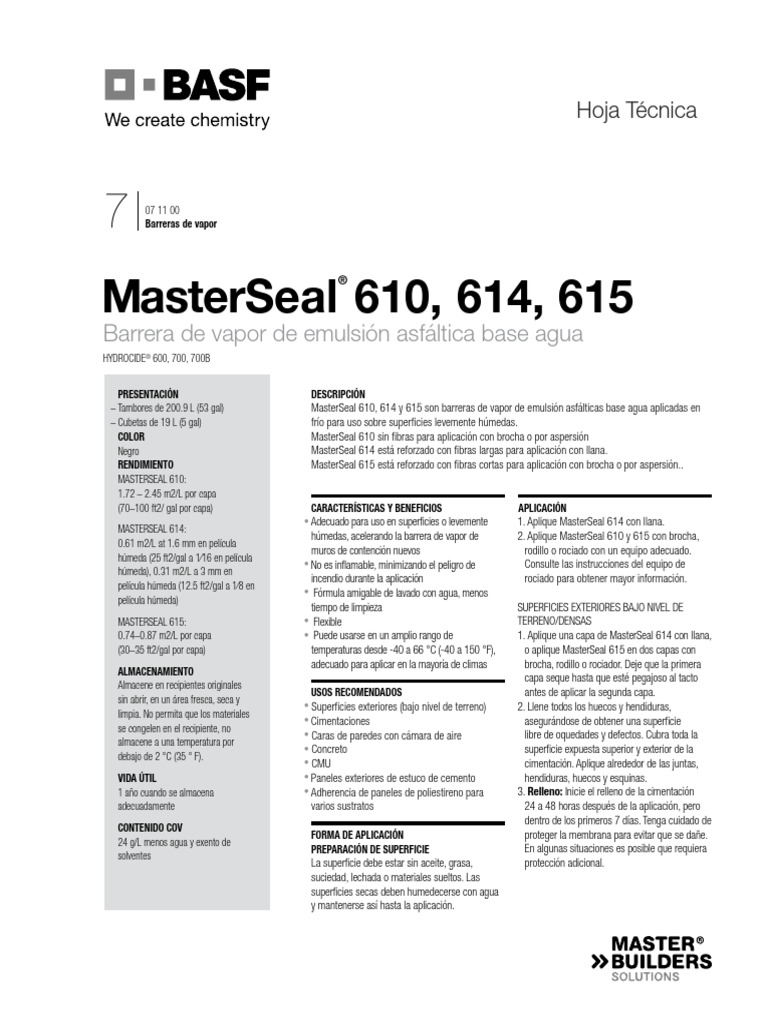 Masterseal 615 | PDF | Agua | Cemento