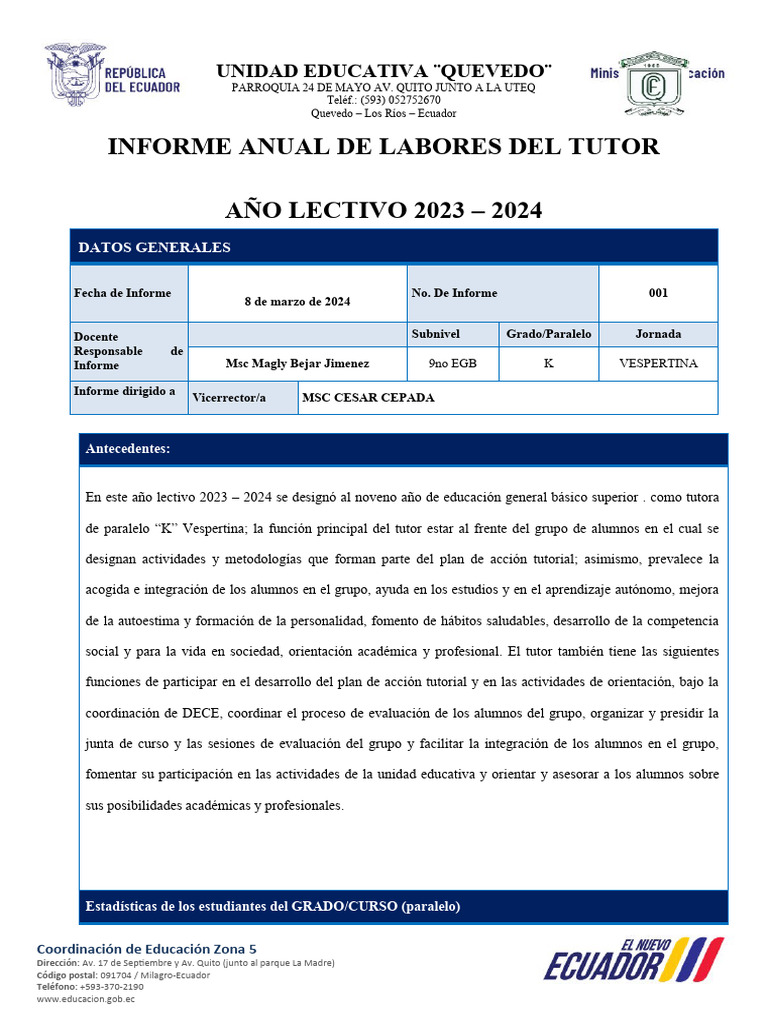Informe Anual de Labores Del Docente Tutor | PDF | Maestros | Aprendizaje