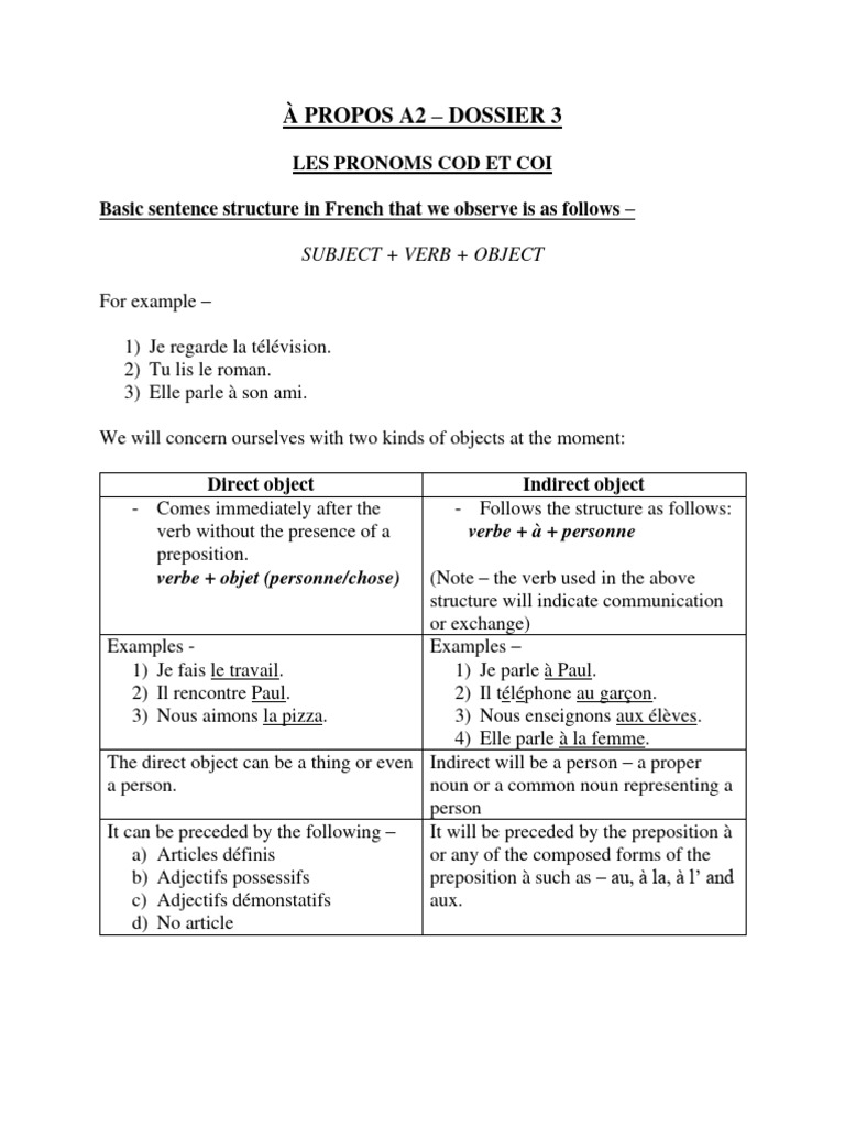 Pronoms COD et COI en français | PDF | Typologie linguistique | Unités ...