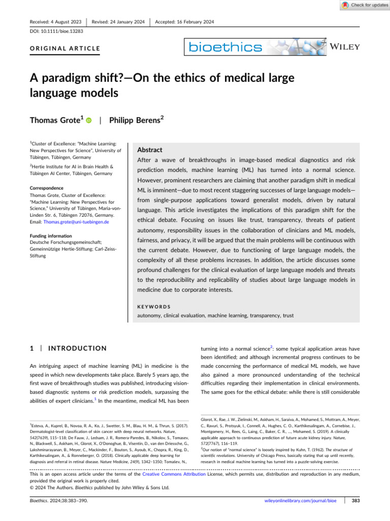 Bioethics - 2024 - Grote - A Paradigm Shift On The Ethics of Medical ...