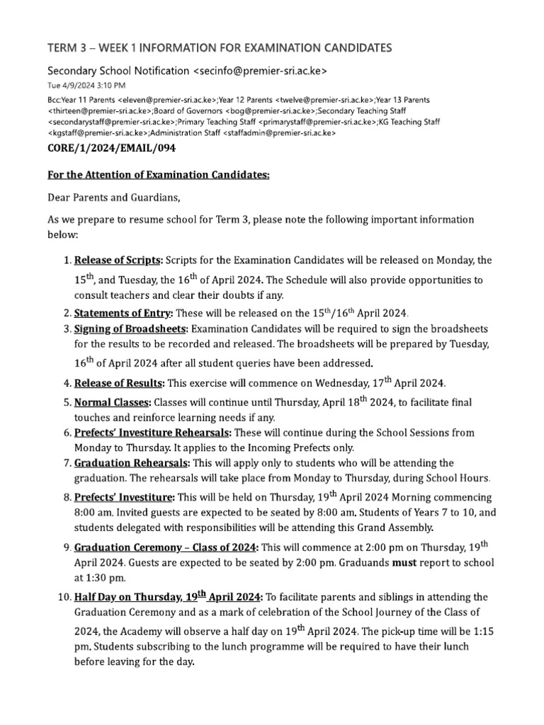 Term 3 – Week 1 Information for Examination Candidates | PDF