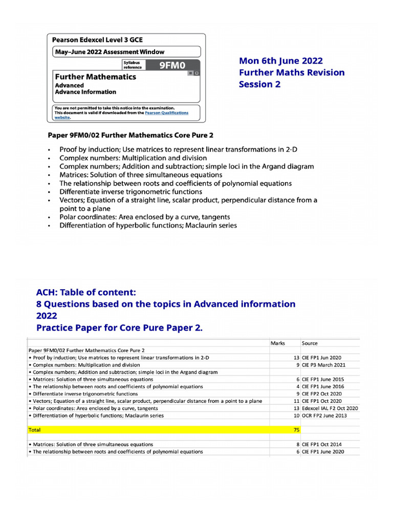 ACH Core Pure Paper 2 Practice Paper 2022 - 1 | PDF