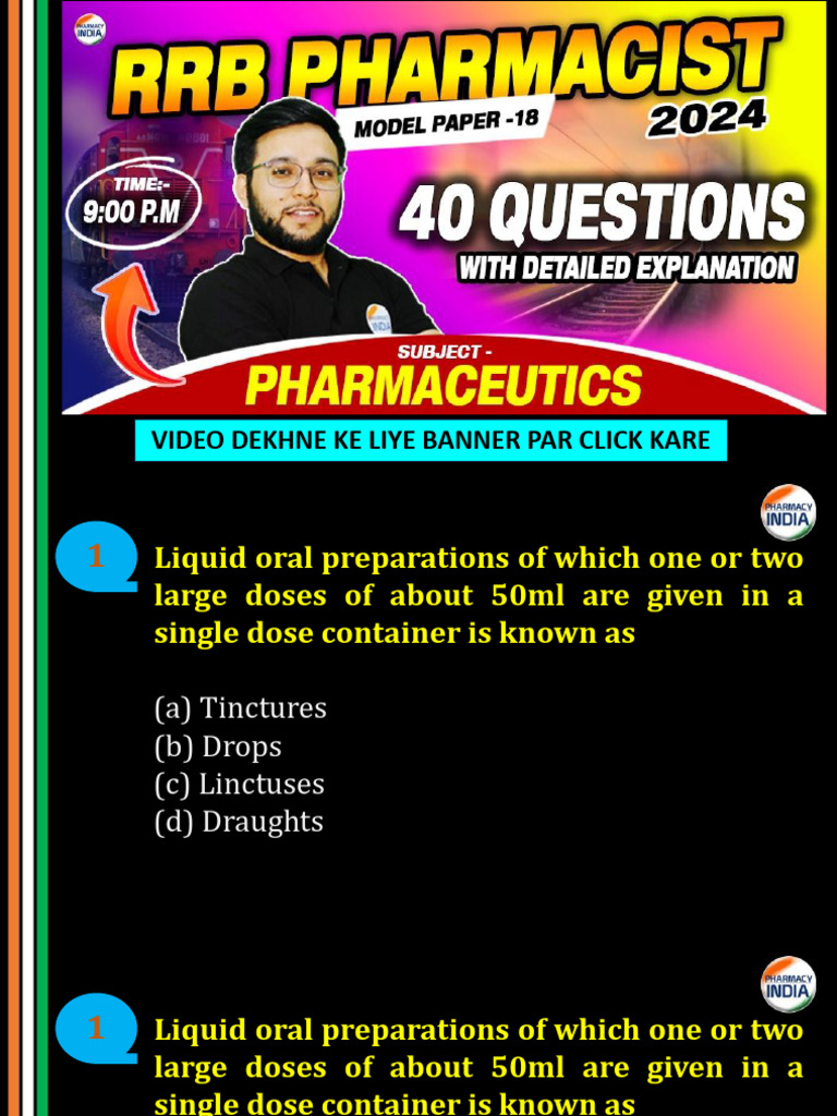 RRB Pharmaceutics Class 23 July 24 | PDF | Tablet (Pharmacy) | Chemical ...