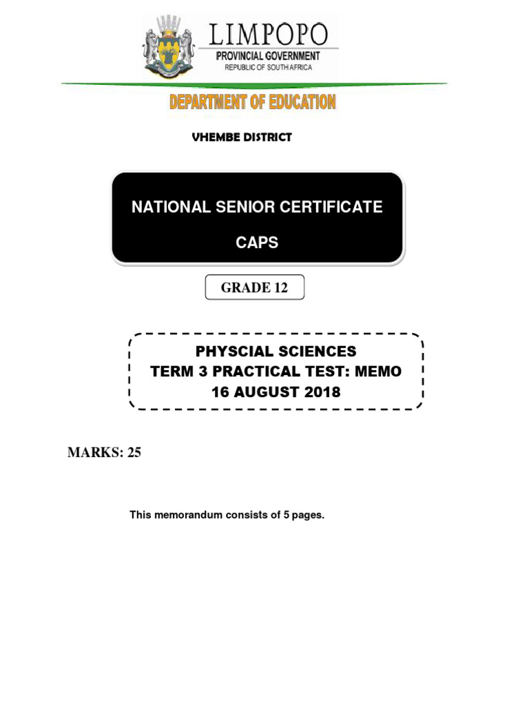 Vhembe 2018 Physical Sciences Grade 12 Term 3 Practical Test (MEMO ...