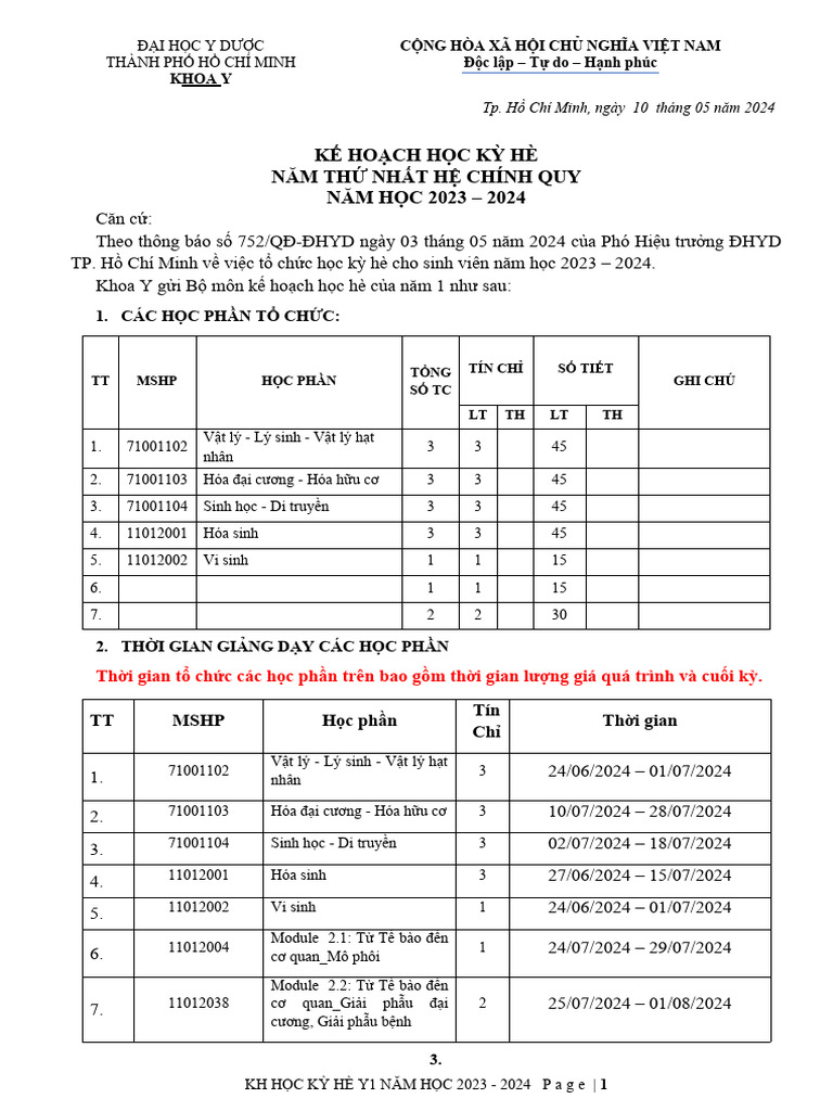 Ke Hoach Hoc He Y2023 - Nam 1 - Năm 2023 2024 - Bo Sung | PDF