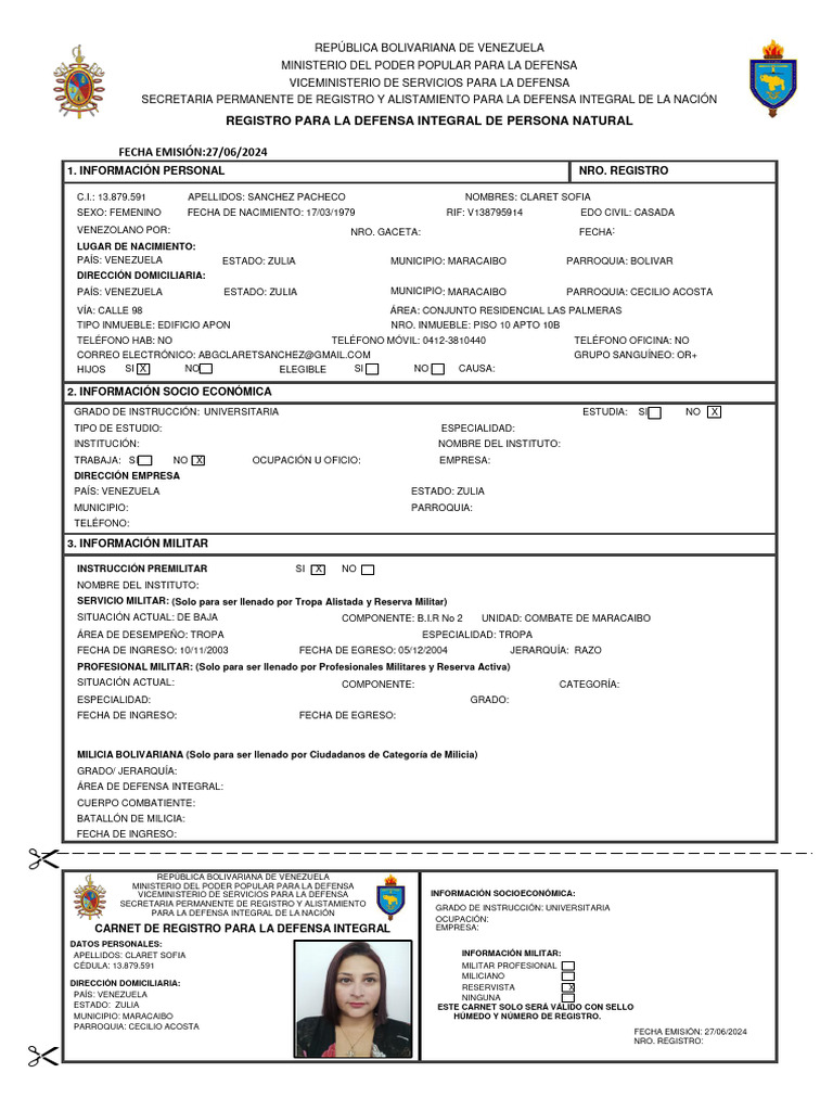 Planilla de Registro para La Defensa Integral de La Nación Inscripcion Militar 1 | PDF ...