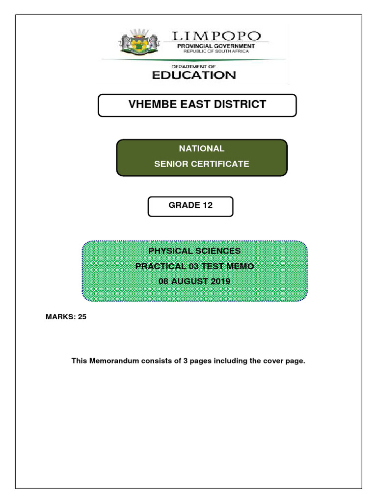 MEMO Physical Sciences Grade 12 Term 3 Practical Test Memo | PDF ...
