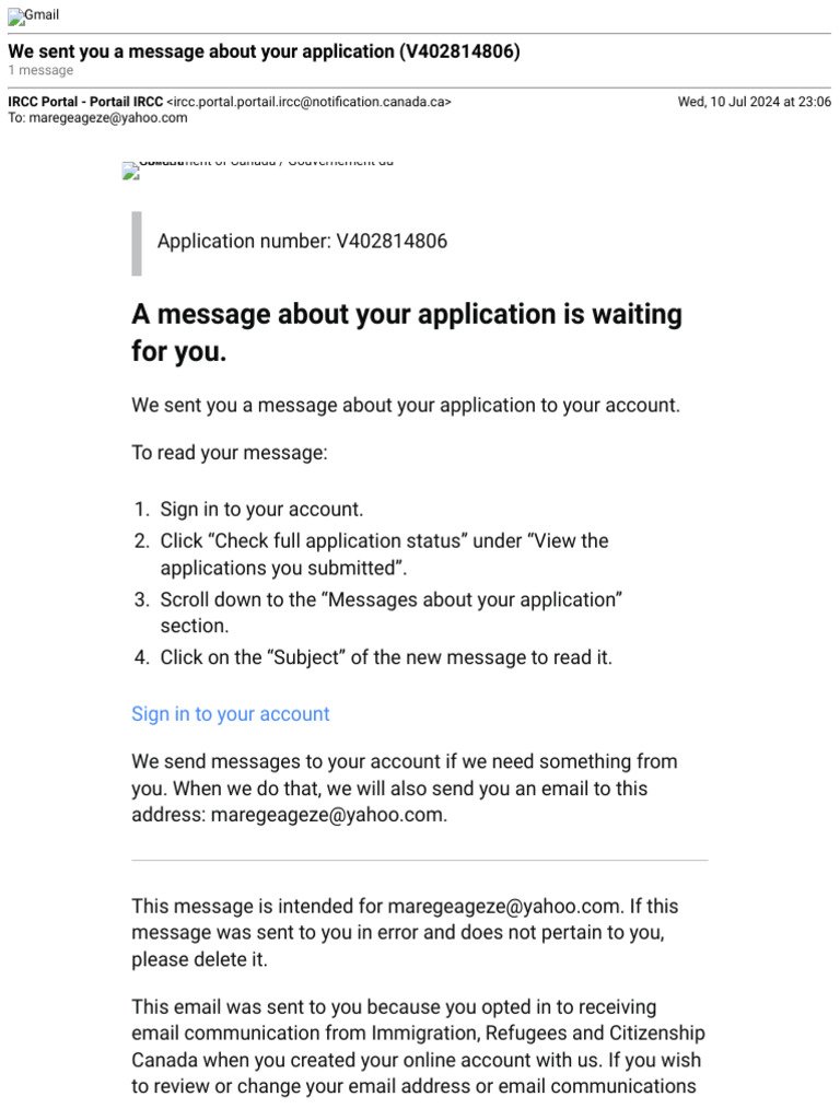 IRCC Application Message Notification | PDF | Gmail | Internet Privacy