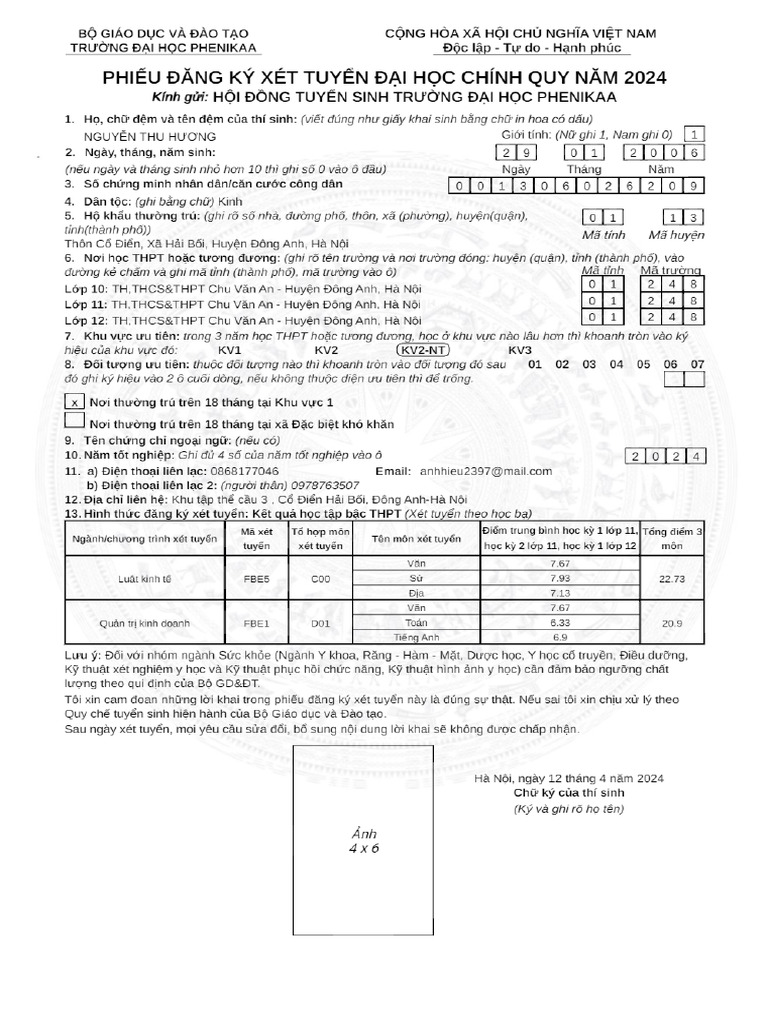 Phieu Dang Ky Tuyen Sinh | PDF