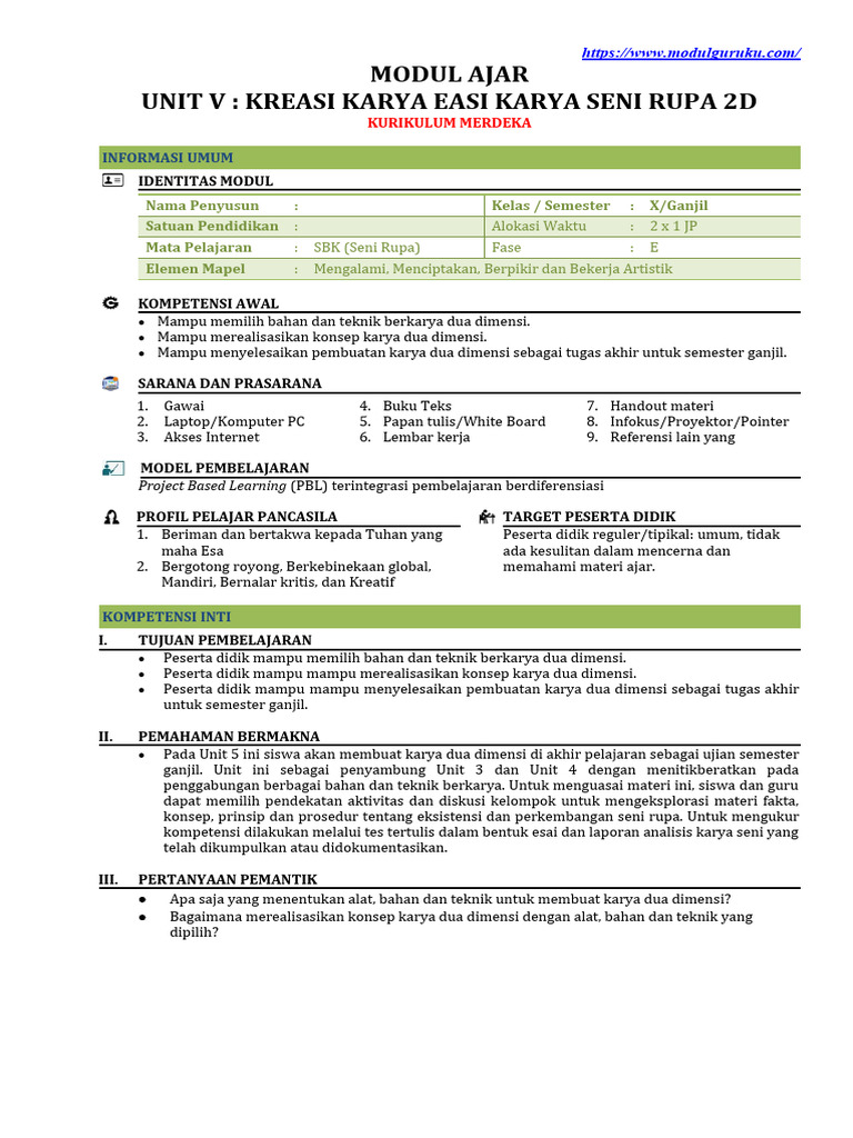 Modul Ajar Seni Rupa Kelas 10 Fase E Unit 5 | PDF | Karier & Perkembangan | Seni