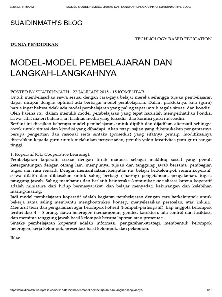 Model Pembelajaran dan Langkah-Langkahnya | PDF