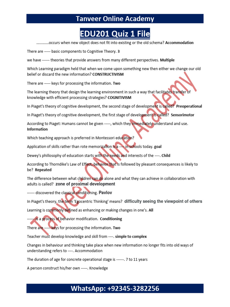 EDU201 QUIZ 1 Solved by Tanveer Online Academy | PDF | Constructivism ...
