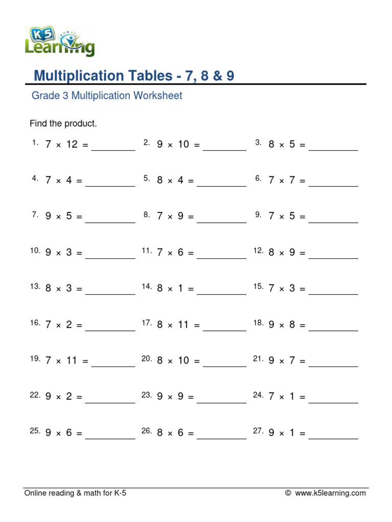 Grade 3 Multiplication Table 7 8 9 | PDF