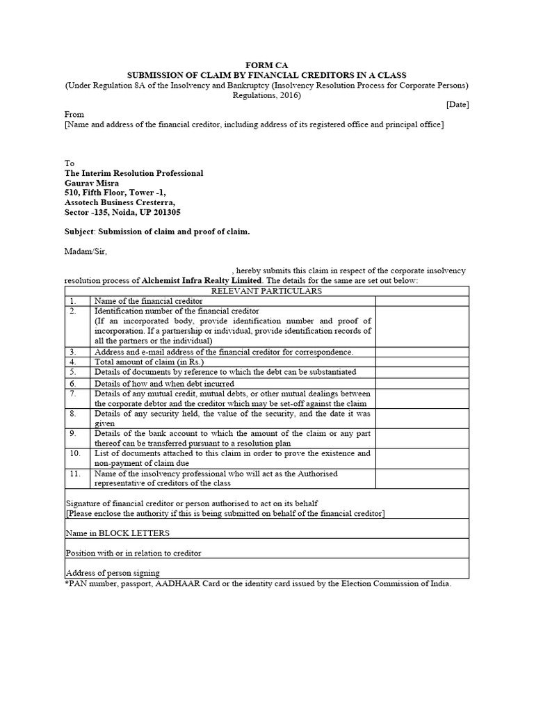 Form_CA | PDF | Bankruptcy | Creditor