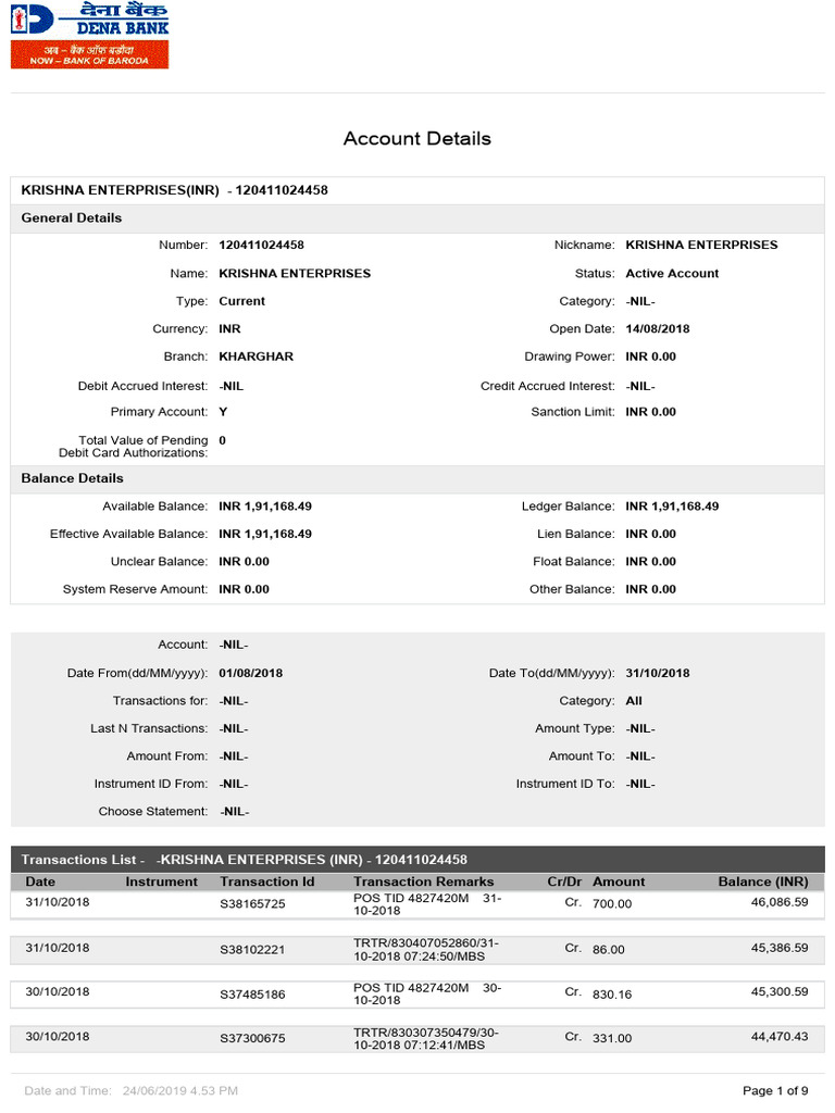 Krishna Ent Statement 1aug-31oct 2018 | PDF | Debits And Credits ...