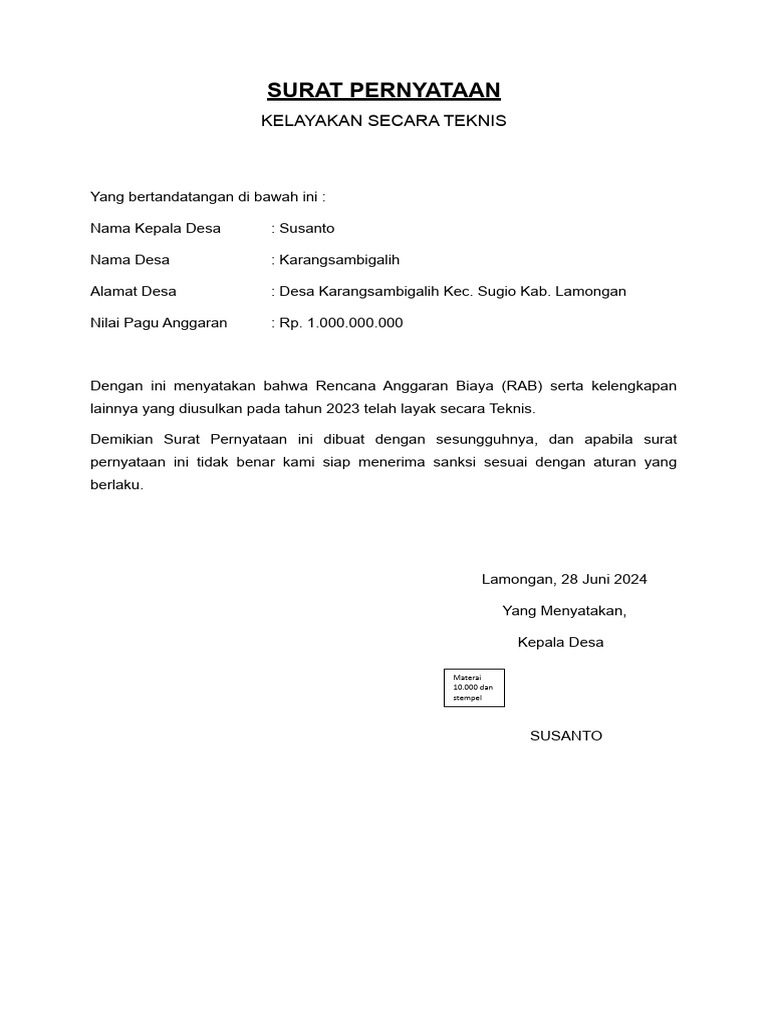 Surat Pernyataan Kelayakan Teknis | PDF