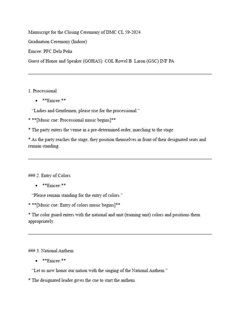 Sample Manuscript For Closing Ceremony (Indoor) | PDF | Ceremonies