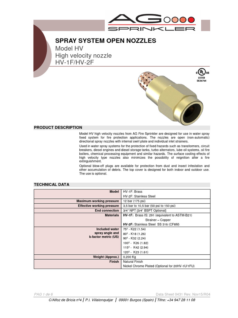 HV20 High Velocity Water Spray Nozzle - R04 | PDF | Fire Sprinkler System | Valve