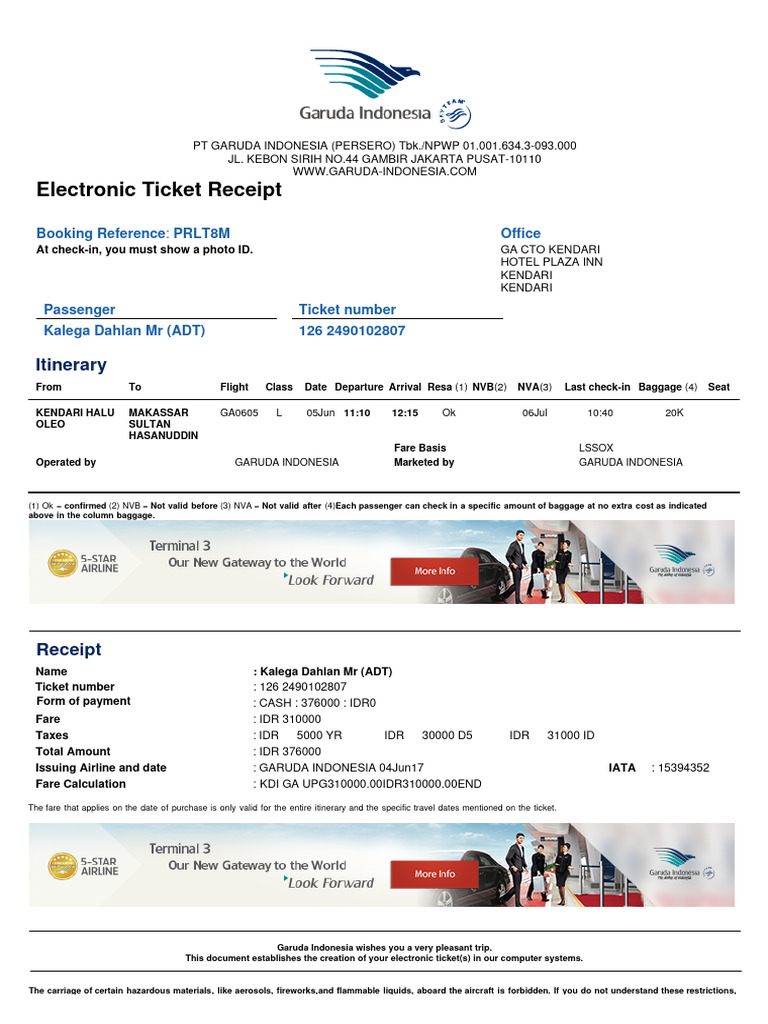 Garuda Indonesia Electronic Ticket Receipt | PDF | Dangerous Goods