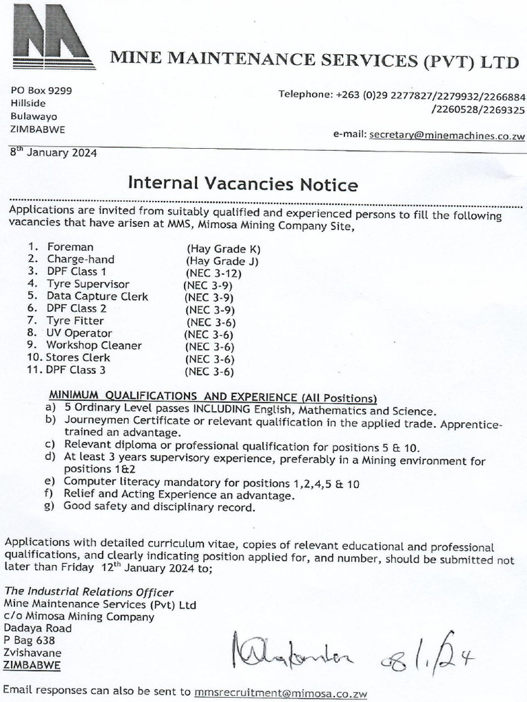 Internal Vacancies Notice MMS January 2024 | PDF