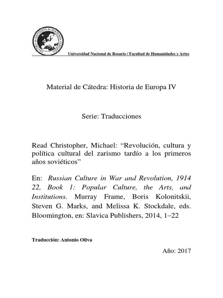 Christopher Read. Revolution Culture and Policy Culture. Traducción ...