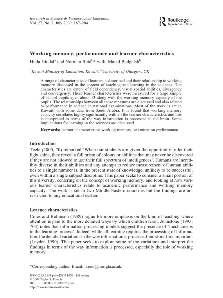 Working Memory, Performance and Learner Characteristics | PDF | Memory | Working Memory