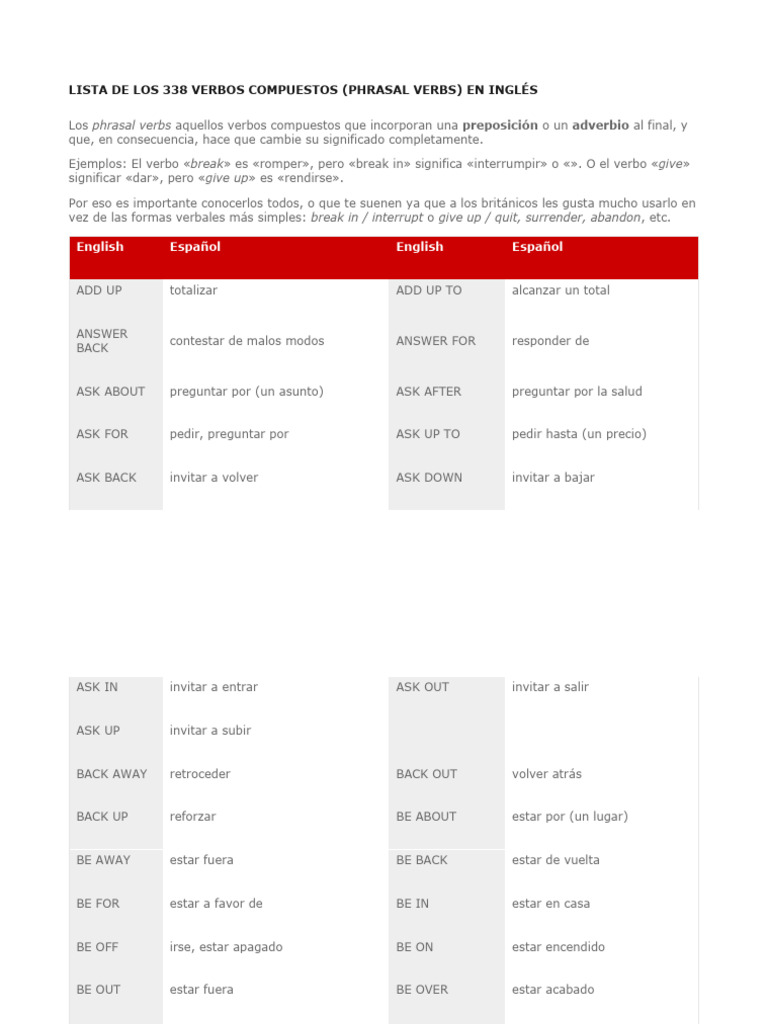 Lista de Los 338 Verbos Compuestos (Phrasal Verbs) en Inglés | PDF ...