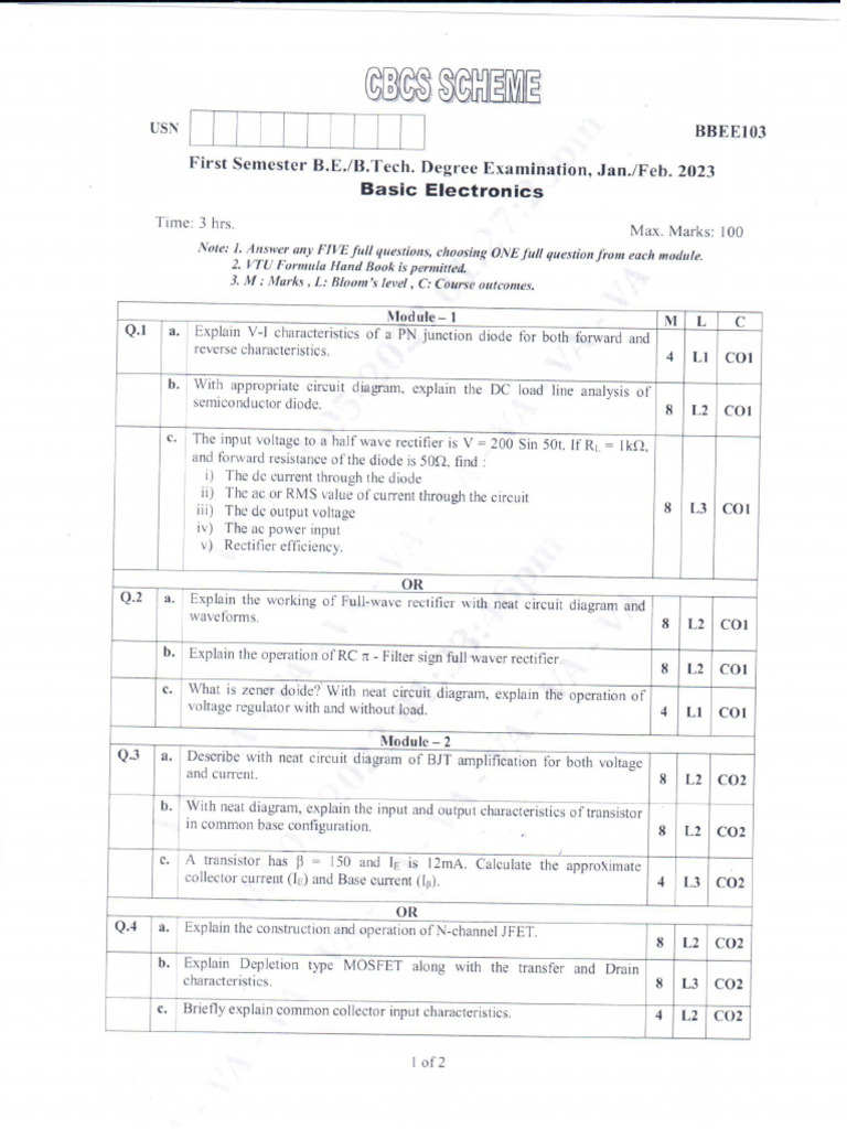 VTU Question Paper 22BBEE203 | PDF