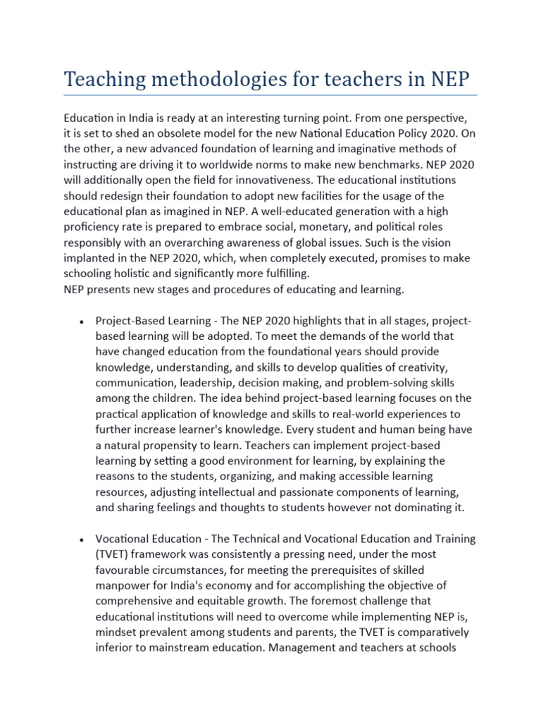Teaching Methodologies For Teachers in NEP | PDF | Project Based ...