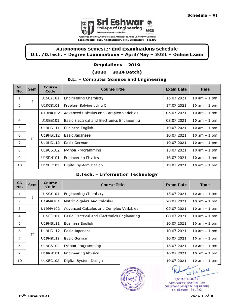 2020-24-Batch R2019 UG Semester-End Exam-Schedule Apr-2021 | PDF ...