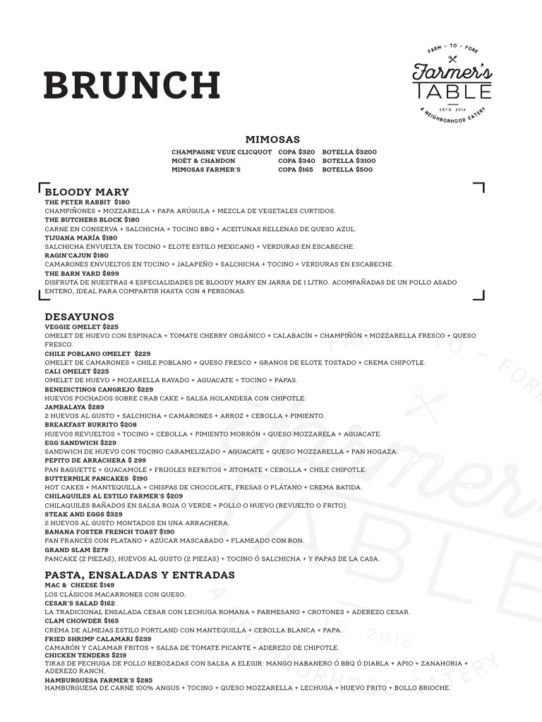 Farmers Table Brunch Menu Espanol Compressed | PDF | ensalada | Salchicha