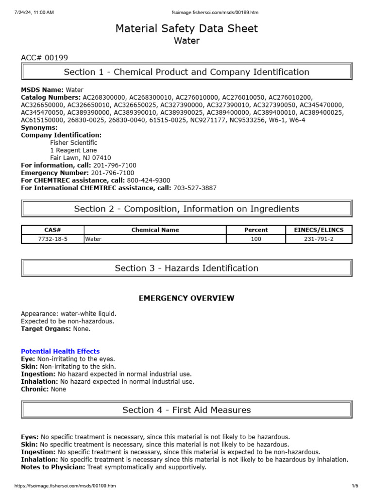 Water Material Safety Data Sheet | PDF | Dangerous Goods | Hazardous Waste